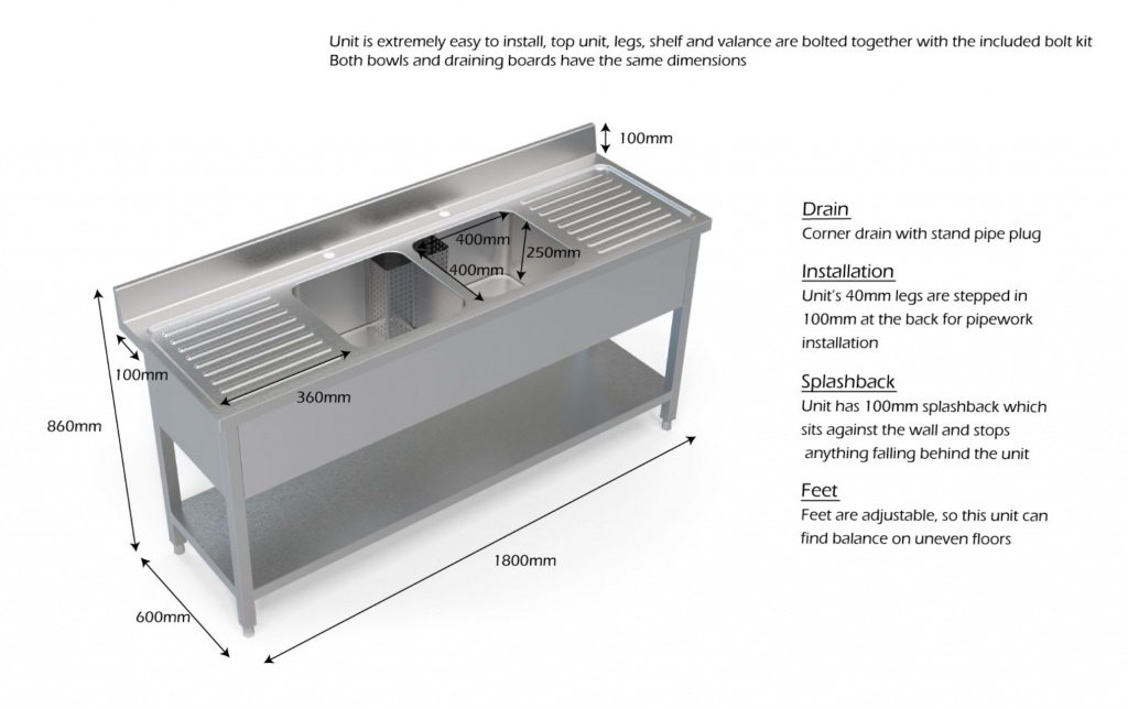 1800mm Wide Stainless Steel Double Bowl Double Drainer Sink – 1800-600 ...